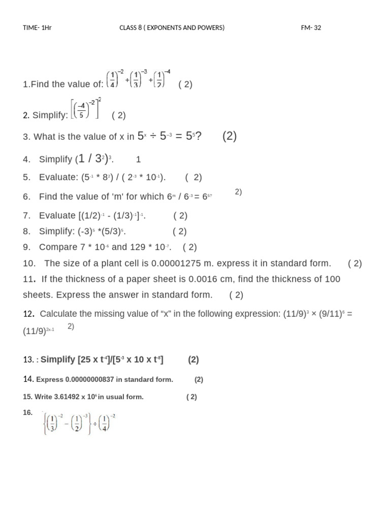 Class 8 Exponents and Powers | PDF