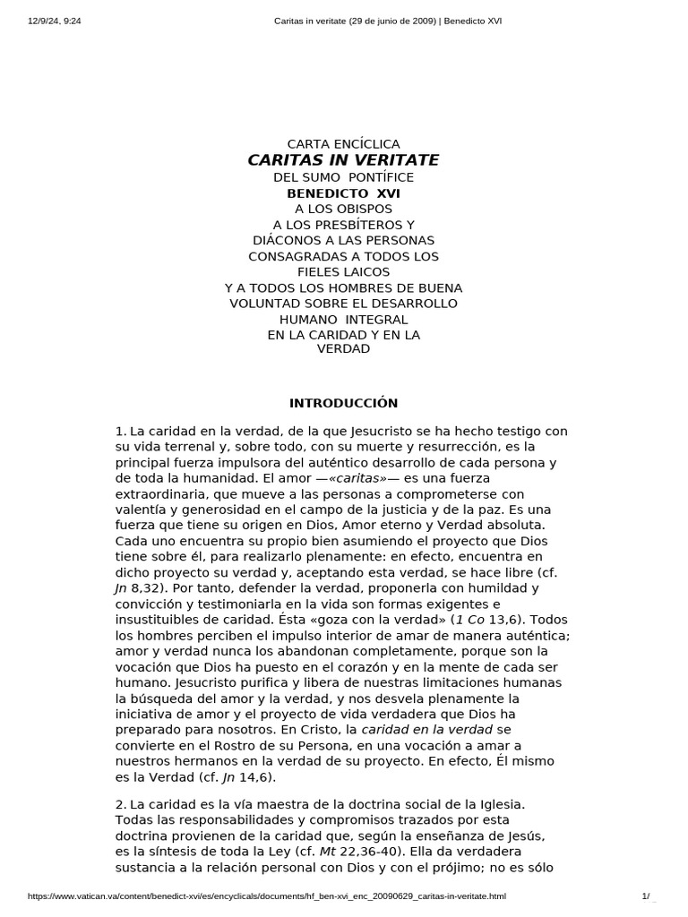 Caritas in Veritate (29 de Junio de 2009) - Benedicto XVI | PDF | Doctrina social católica ...