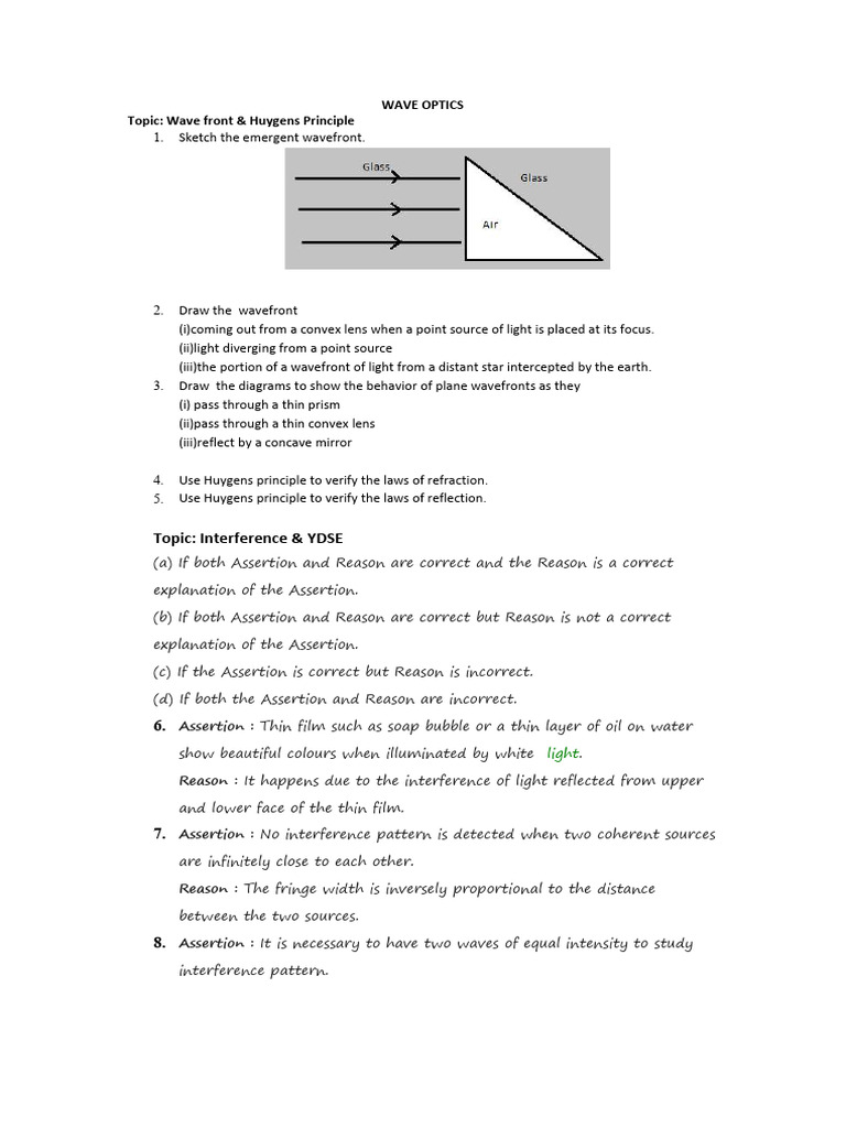 Worksheet Wave optics | PDF | Diffraction | Wavelength