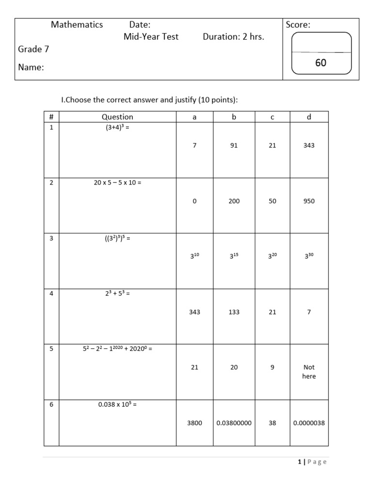 Grade 7 Math Exam | PDF | Triangle | Euclidean Plane Geometry