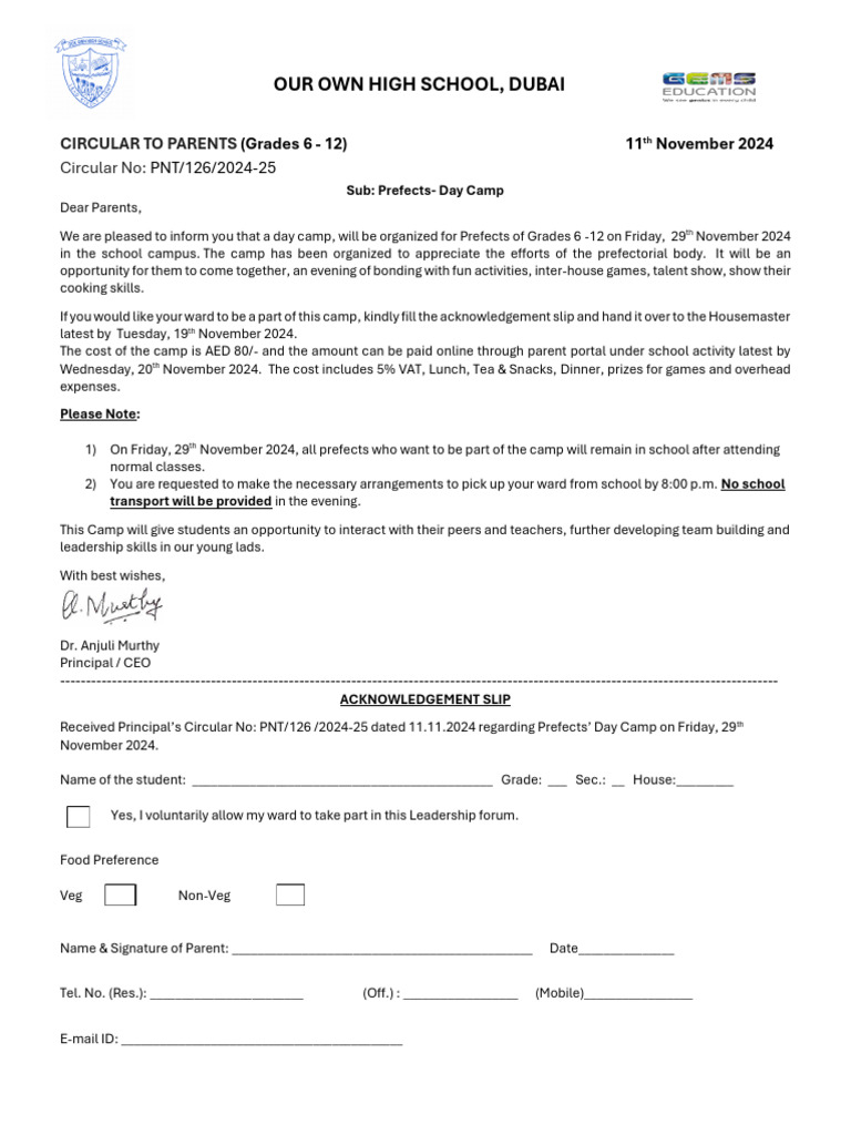 Circullar - Prefects - Day Camp | PDF