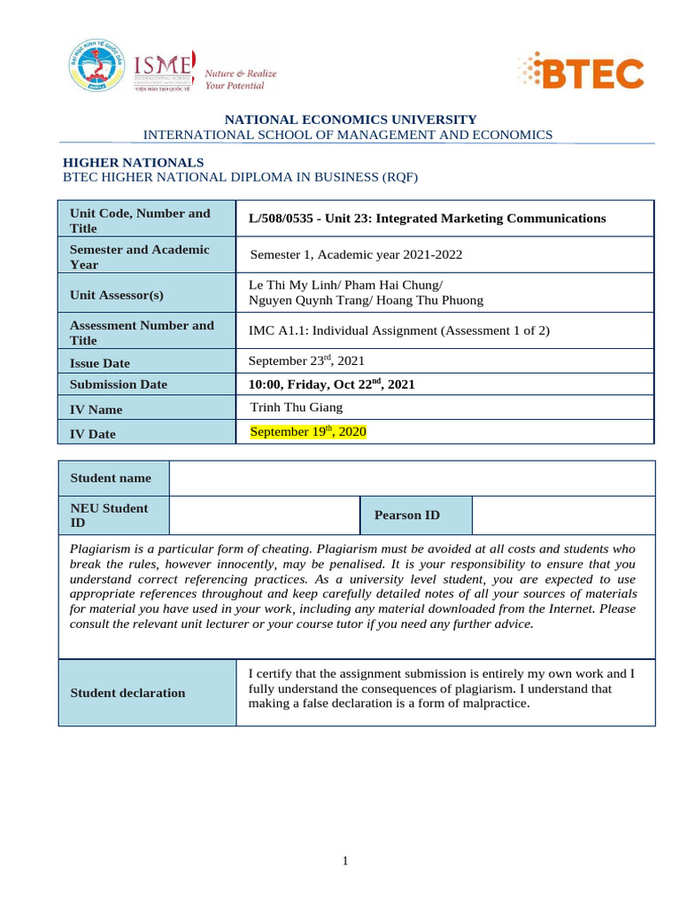 IMC A1.1 - Marking Form | PDF | Marketing | Communication