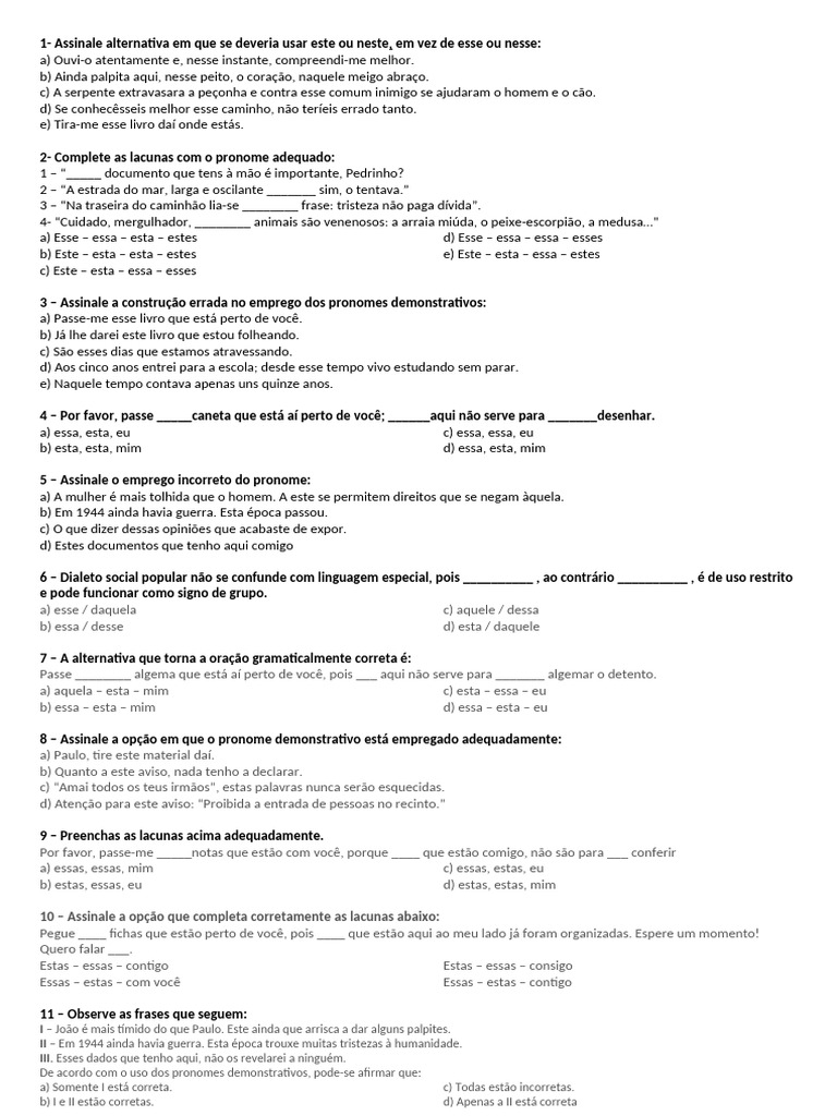 Atividades Pronomes Demonstrativos | PDF | Pronome
