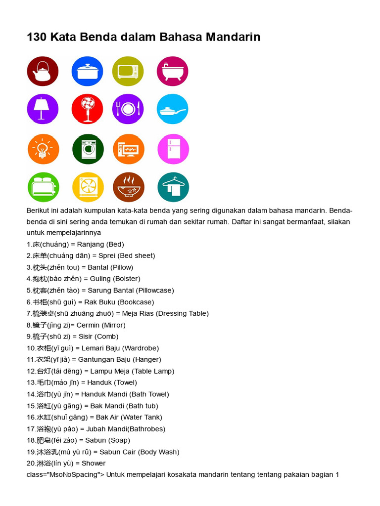 130 Kata Benda Dalam Bahasa Mandarin | PDF | Kajian Bahasa Asing