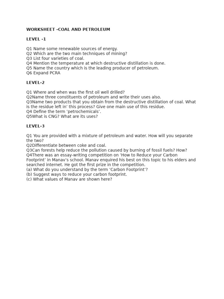 Worksheet-Coal and Petroleum | PDF