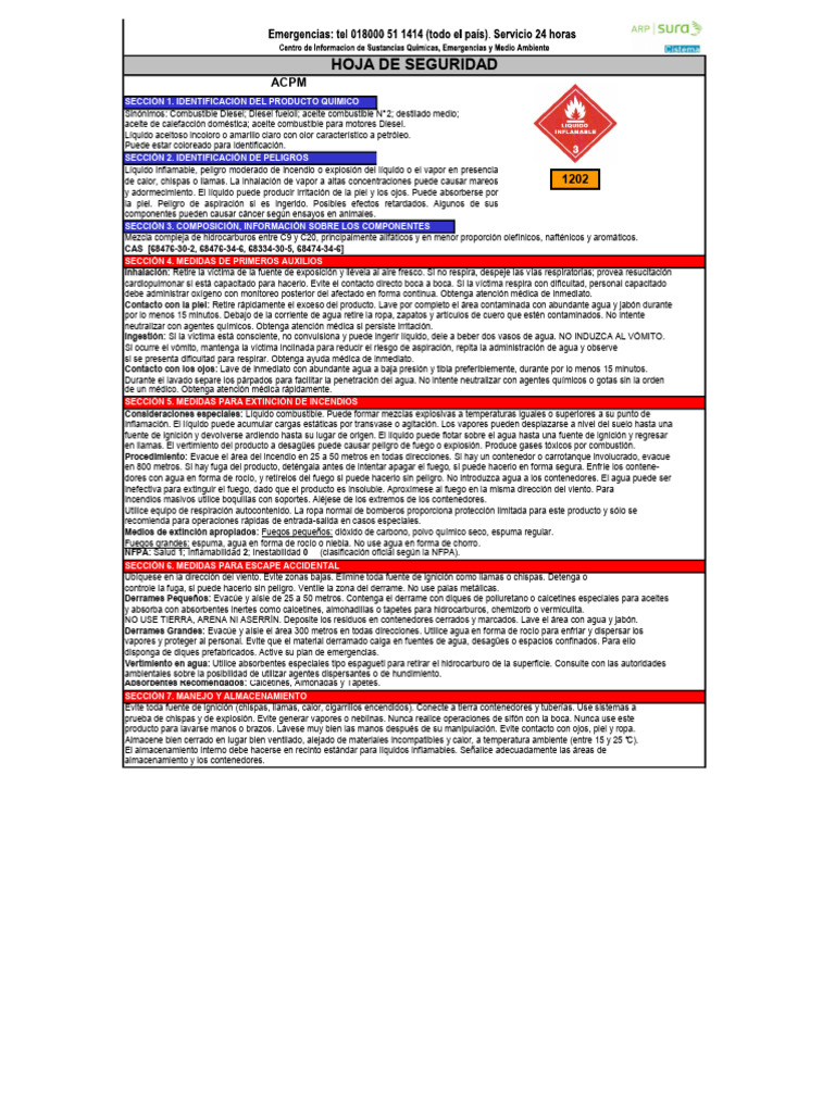 Hoja de Seguridad Acpm | PDF | Agua | Incendios