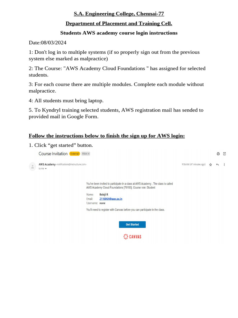 AWS Student Course Registration Instructions | PDF