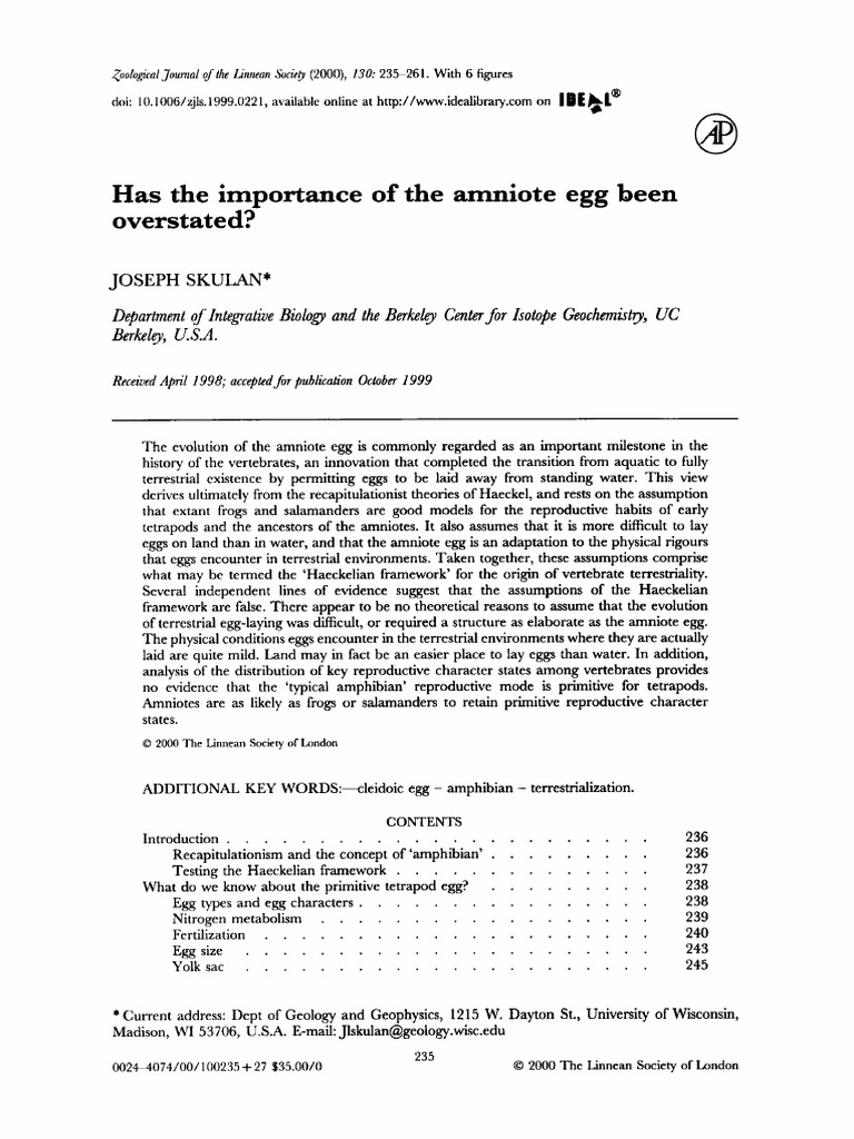 The Importance of The Amniote Egg Been Overstated?: Joseph Skulan | PDF