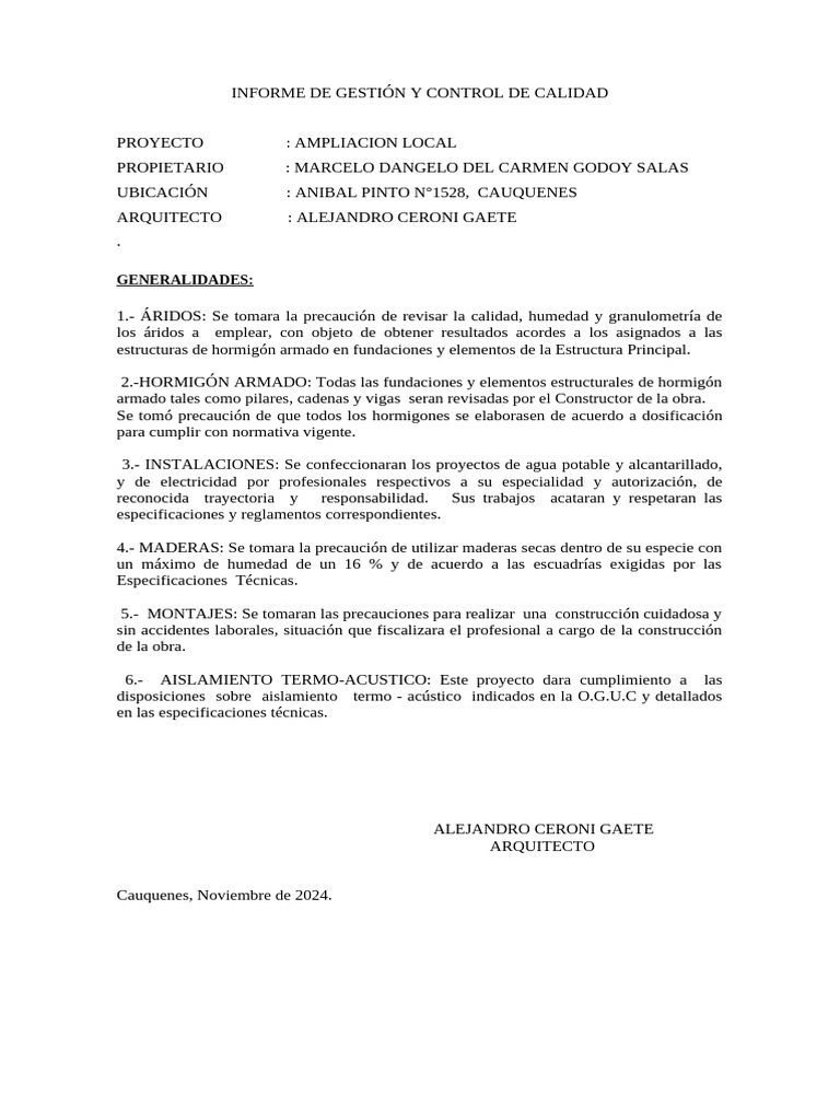 Informe de Gestion y Control de Calidad | PDF