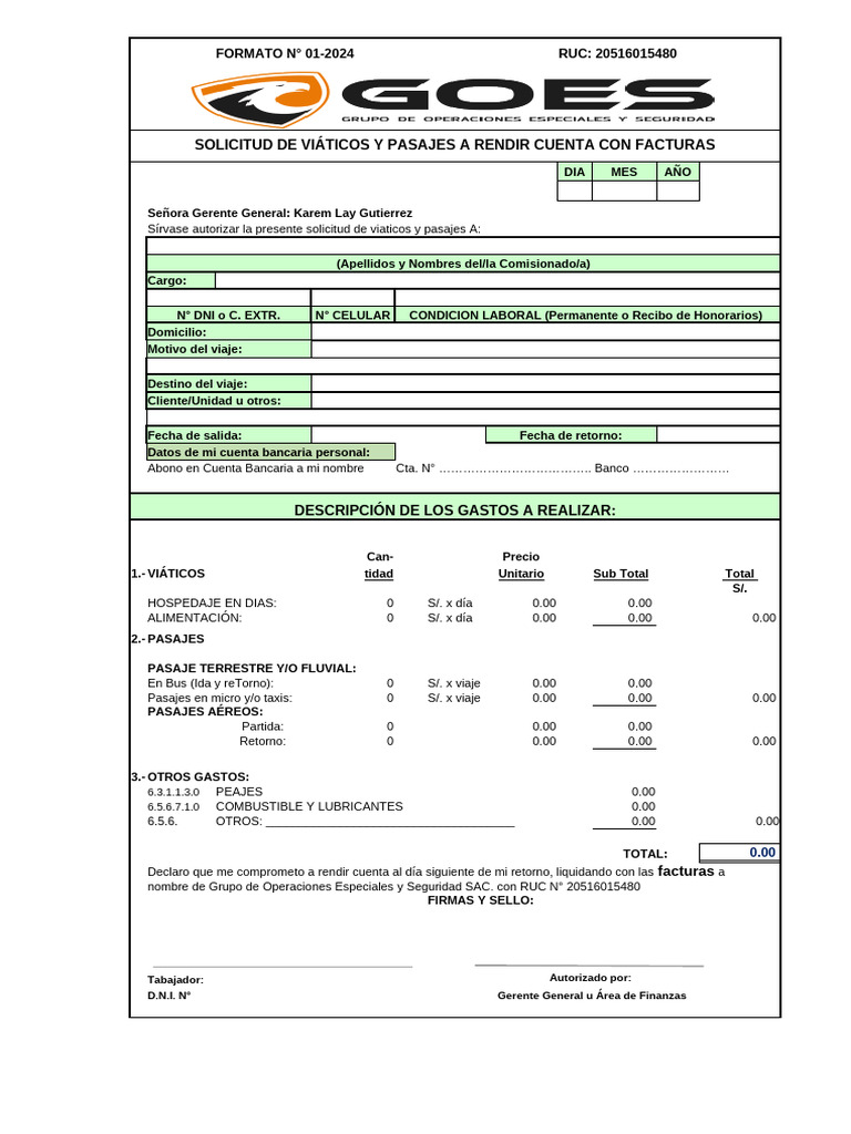 Formato Solicitud de Viaticos y Pasajes A Rendir Cuenta - Version 001 ...