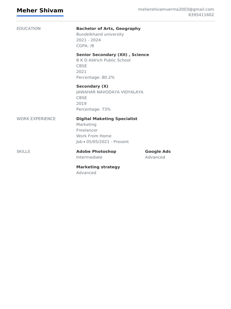 Meher Shivam - College Vidya Resume | PDF