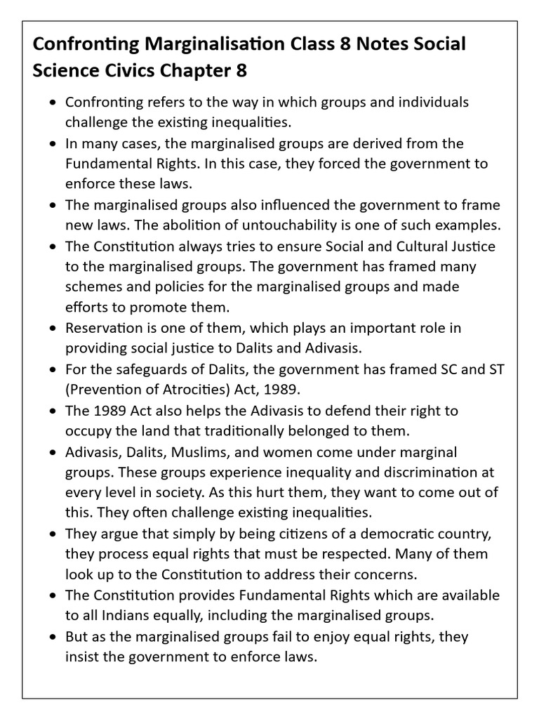 Confronting Marginalisation Class 8 Notes Social Science Civics Chapter ...