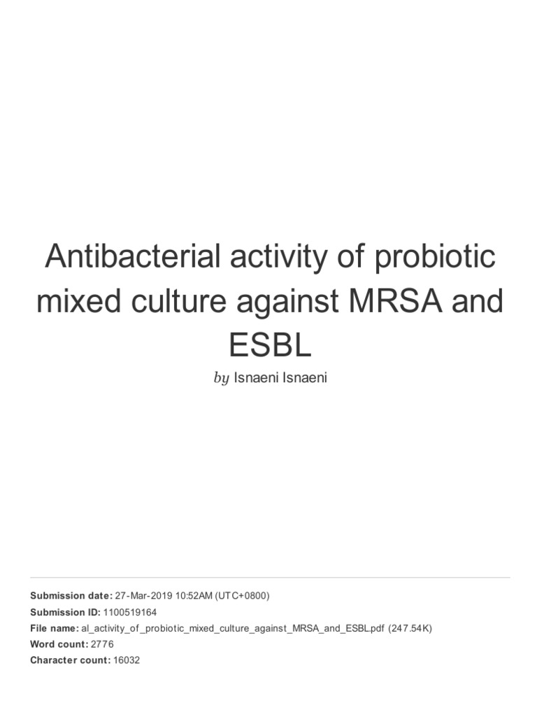 Antibacterial Activity of Probiotic Mixed Culture Against MRSA and ESBL | PDF | Methicillin ...