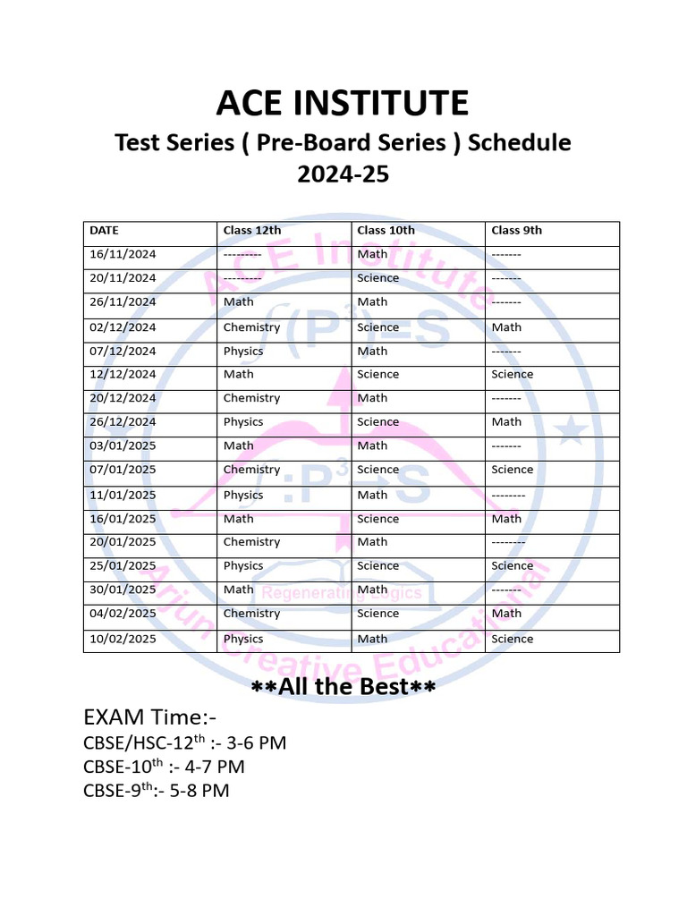 ACE Institute Pre-Board Test Schedule 2024-25 | PDF