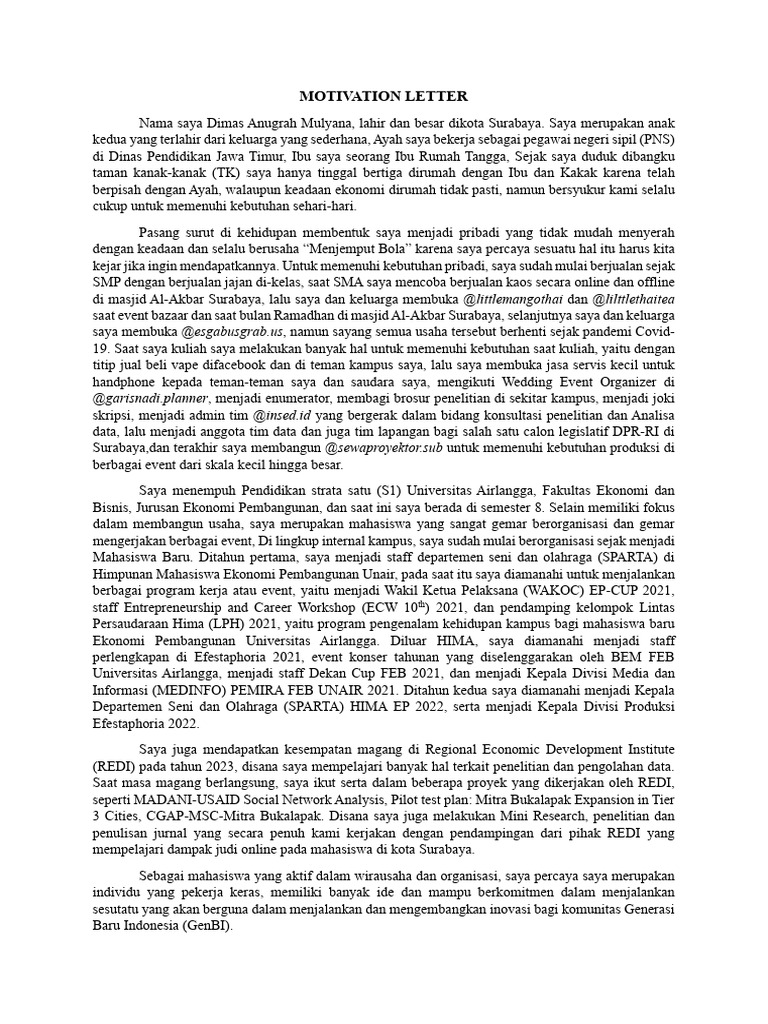 Surat Motivasi Beasiswa BI | PDF | Ilmu Sosial