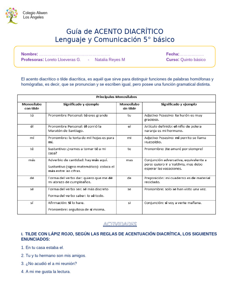 Guía 5° Acento Diacrítico | PDF | Artes del lenguaje y disciplina ...