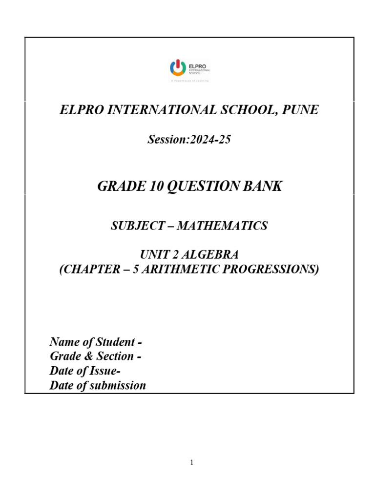 Question - Bank - Grade10 - 2024-25 - Arithmatic Progressions | PDF | Mathematics | Arithmetic