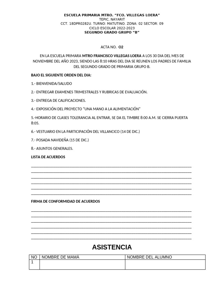 Acta Reunión Padres Segundo Grado B | PDF