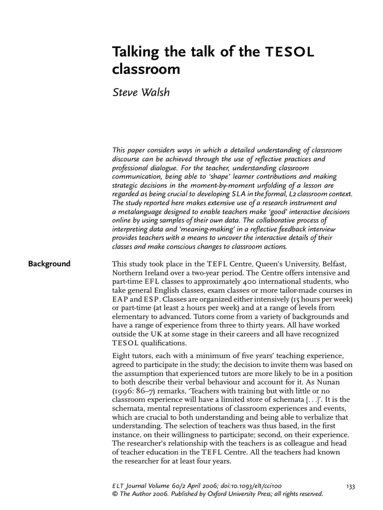 ELT J 2006 Walsh 133 41talking The Talk | PDF | Teachers | English As A Second Or Foreign Language