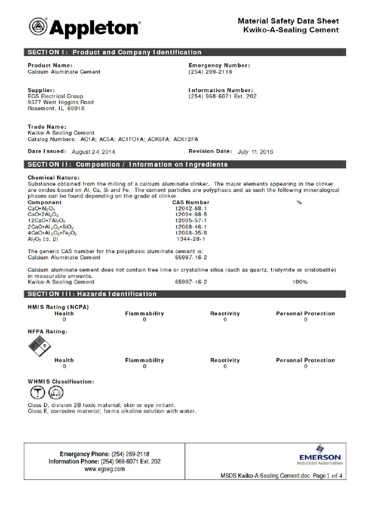 MSDS Kwico-A-Sealing Cement | PDF