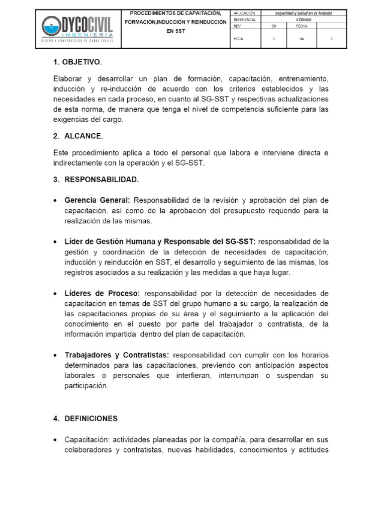 Procedimiento de Capacitación, Formación, Inducción y Reinducción en SST - ILIDE - INFO Platform ...