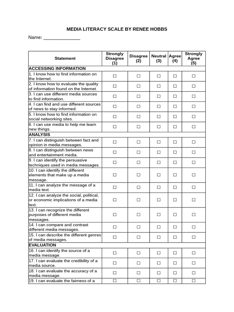 Media Literacy Scale by Renee Hobbs | PDF | Social Psychology | Cognition