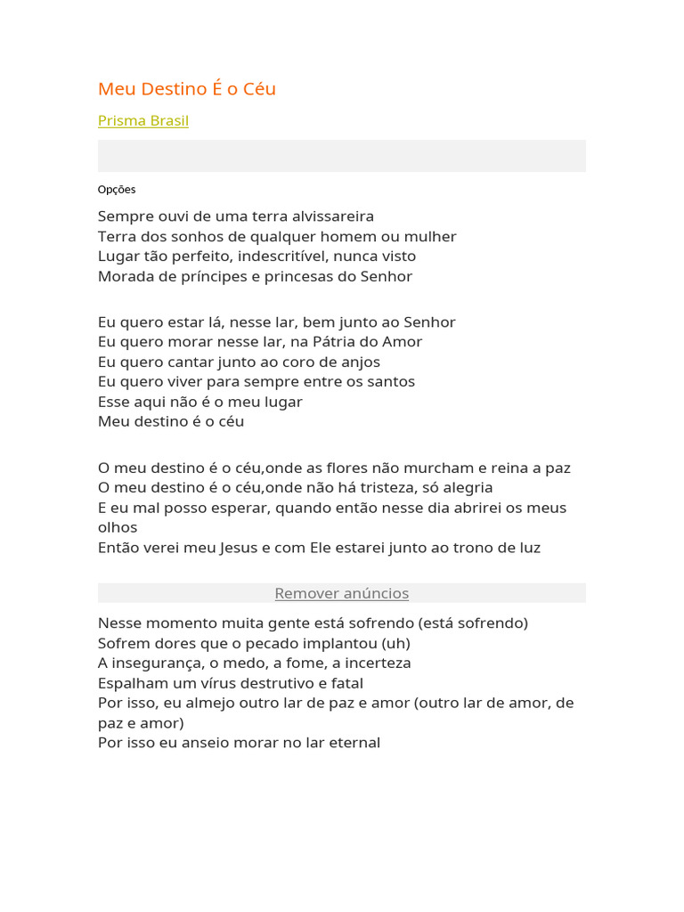 Letra Musica Meu Destino É o Ceu-Prisma | PDF | Poesia