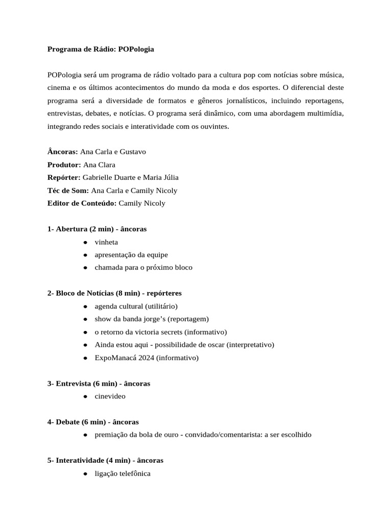 Projeto Programa de Rádio POPologia | PDF | Arte