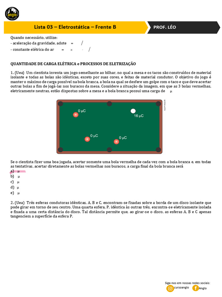 Lista Eletrostatica | PDF | Eletricidade | Carga elétrica