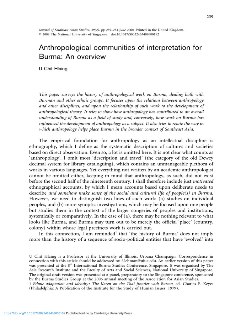 Anthropological Communities of Interpretation For Burma An Overview ...