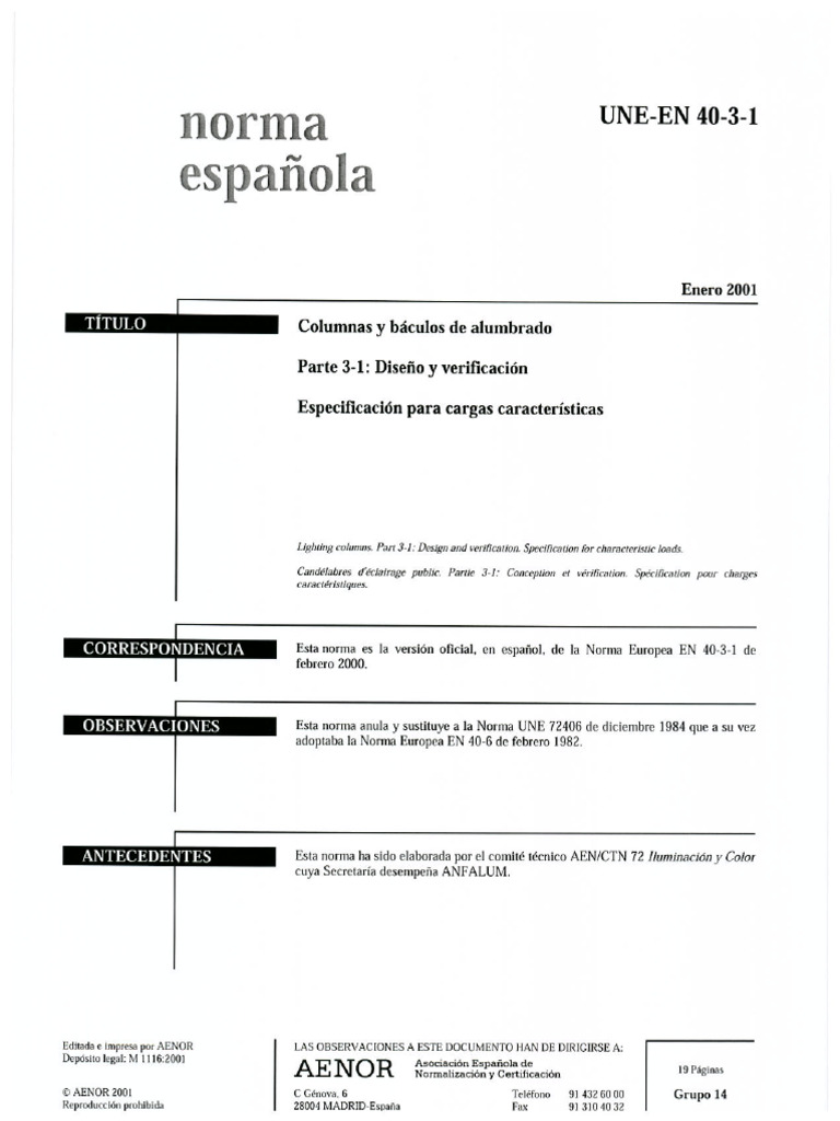 UNE en 40-3-1 Columnas y Baculos de Alumbrado Parte 3 1 Diseno y Verificacion Cargas Caract | PDF