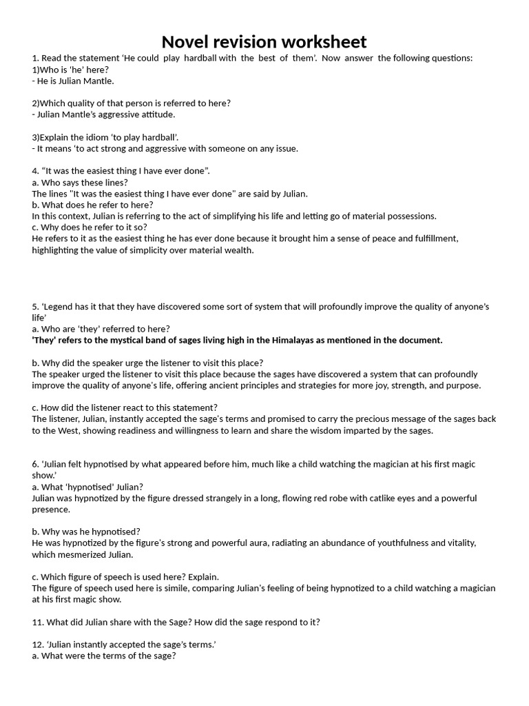Novel Revision Sheet 7CBSE | PDF | Hypnosis