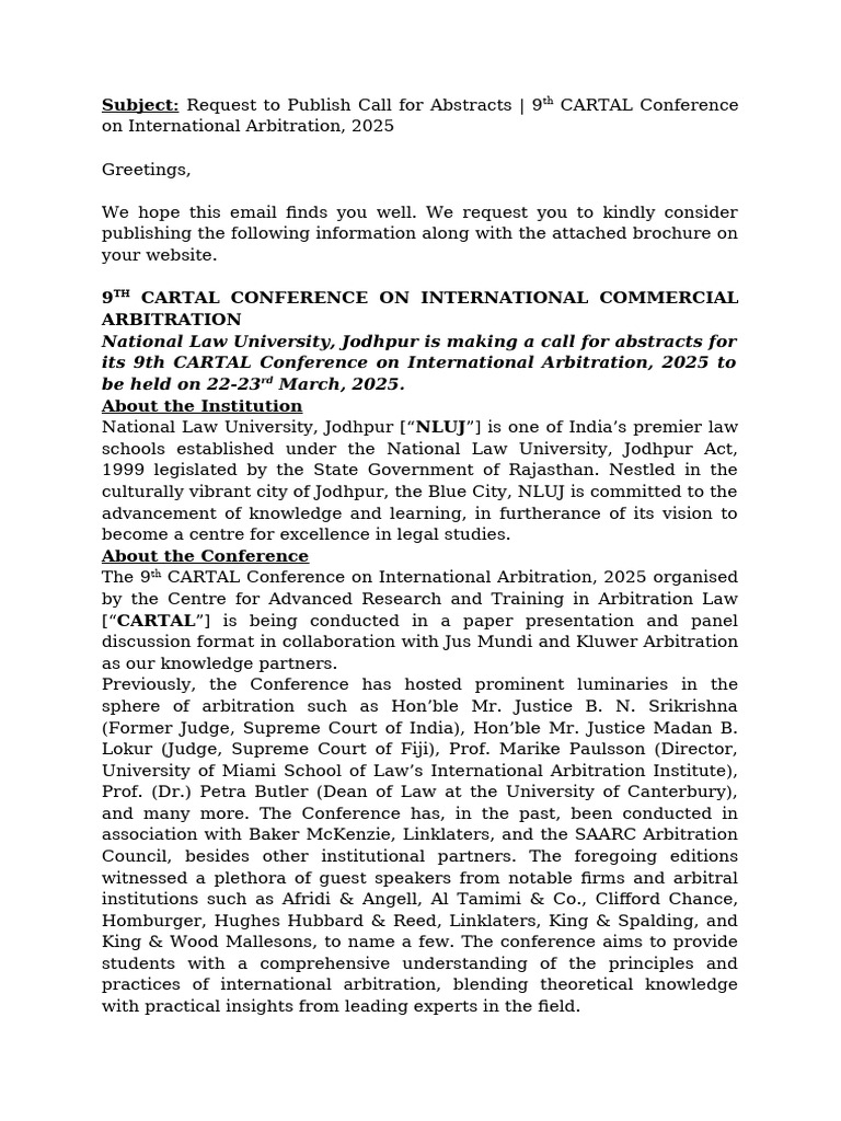 Mail Draft - Call For Abstracts - Livelaw Etc | PDF | Arbitration