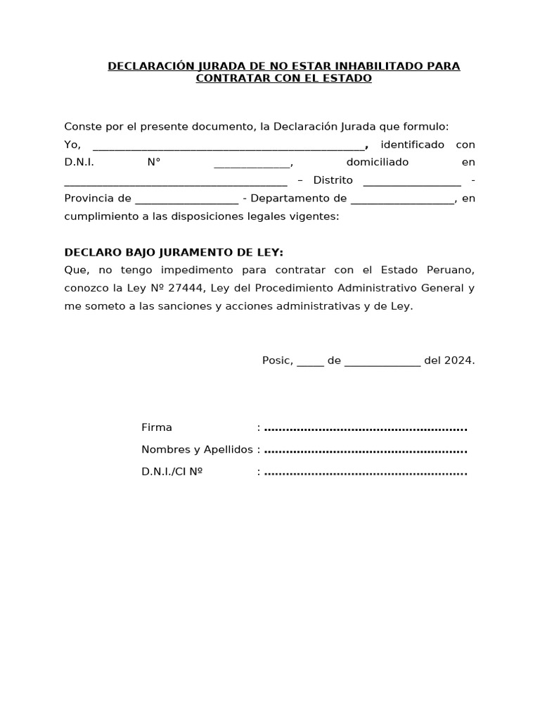 Declaración Jurada de No Tener Impedimento | PDF