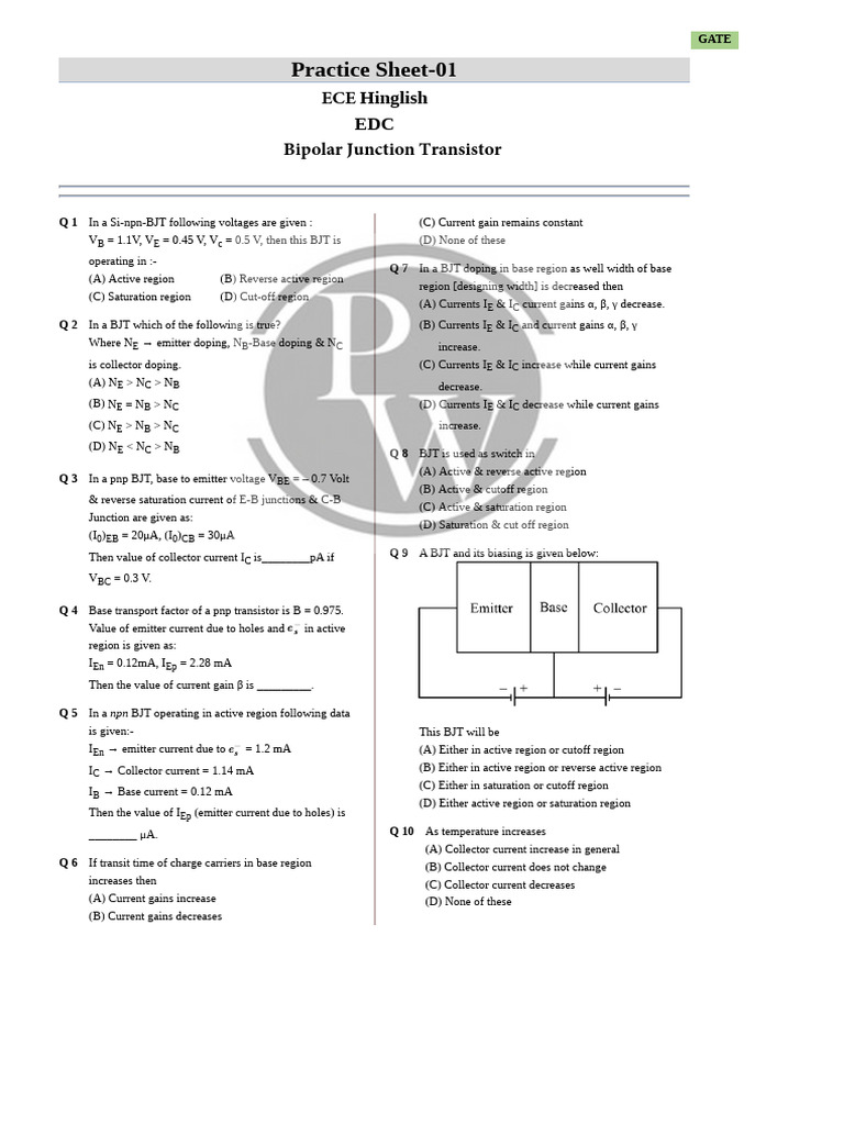 Bipolar Junction Transistor Practice Sheet 01by Chandan Gupta Sir | PDF ...
