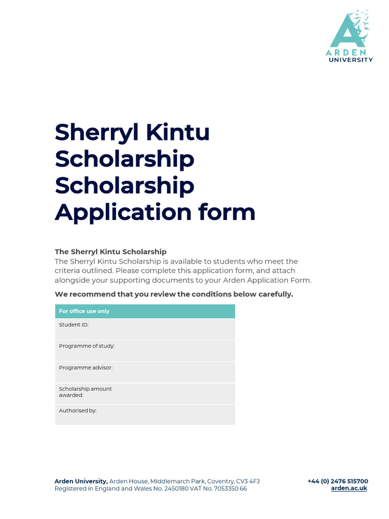 Arden University Sherryl Kintu Scholarship Application Form | PDF