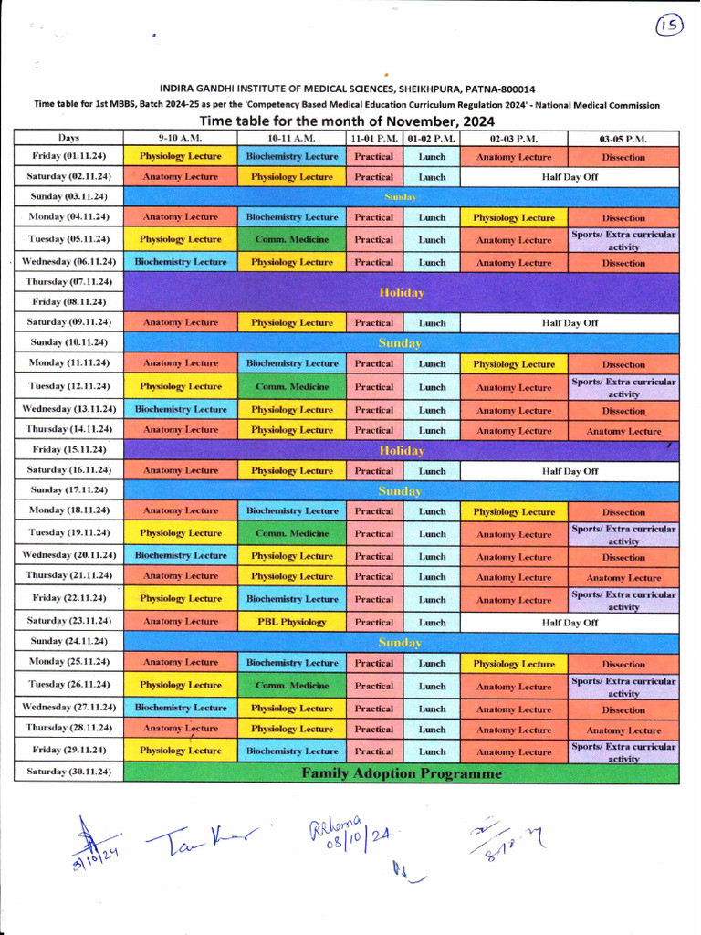 Time Table For 1st MBBS Batch-2024 | PDF