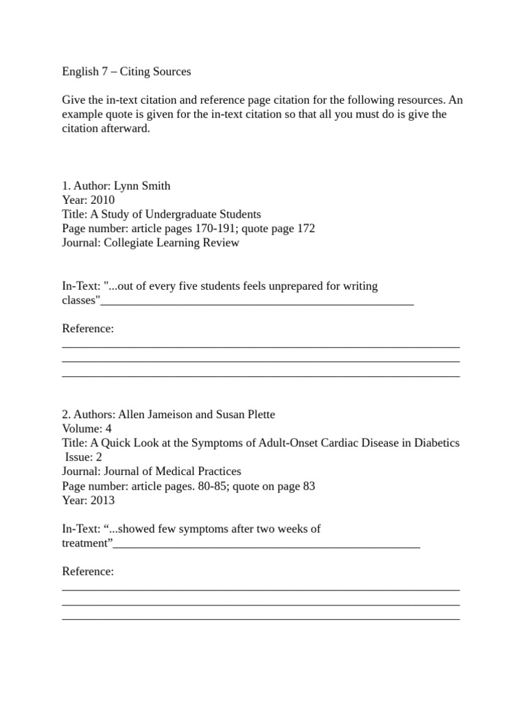 Citing Sources Worksheet for English 7 | PDF | Career & Growth | Sports ...