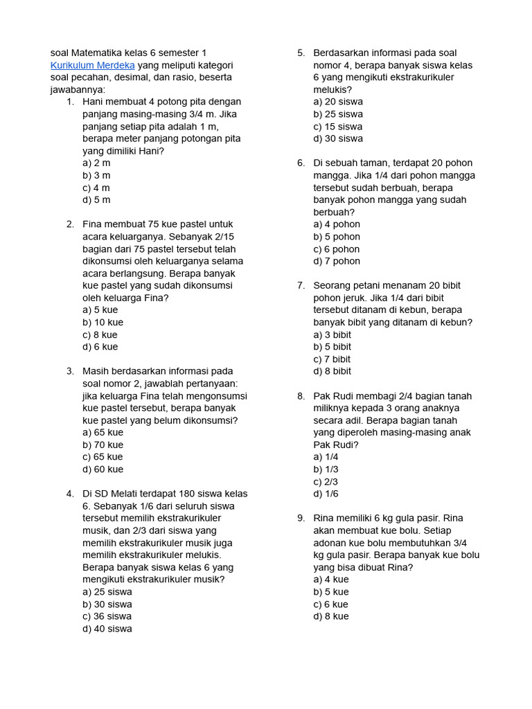 Salinan Dari Soal Matematika Kelas 6 Semester 1 Kurikulum Merdeka Yang Meliputi Kategori Soal ...