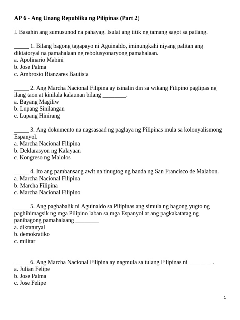 AP 6 - Ang Unang Republika NG Pilipinas (Part 2) | PDF