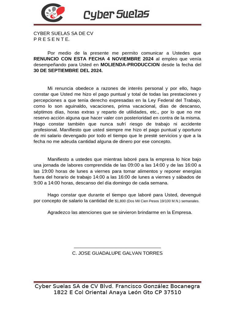 Carta Renuncia Jose Gpe Galvan Torres | PDF