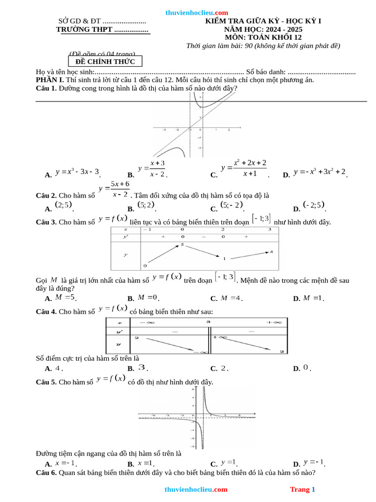 De Kiem Tra Giua Ky 1 Toan 12 Nam 24 25 | PDF