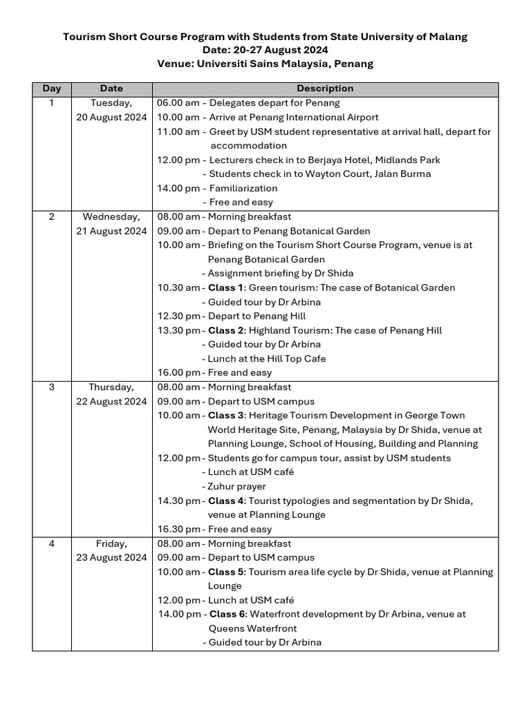Program Schedule - Tourism Short Course For UM Students 20-27 August ...