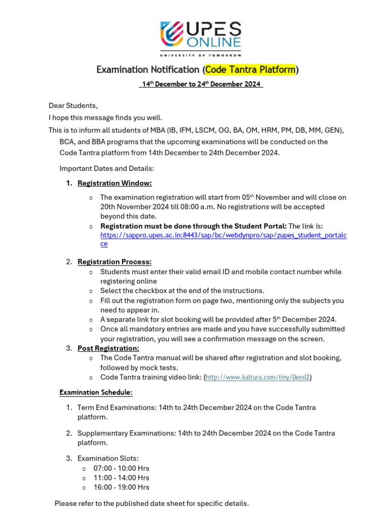 UPES-online-Examination-Notification-December-2024-Codetantra | PDF