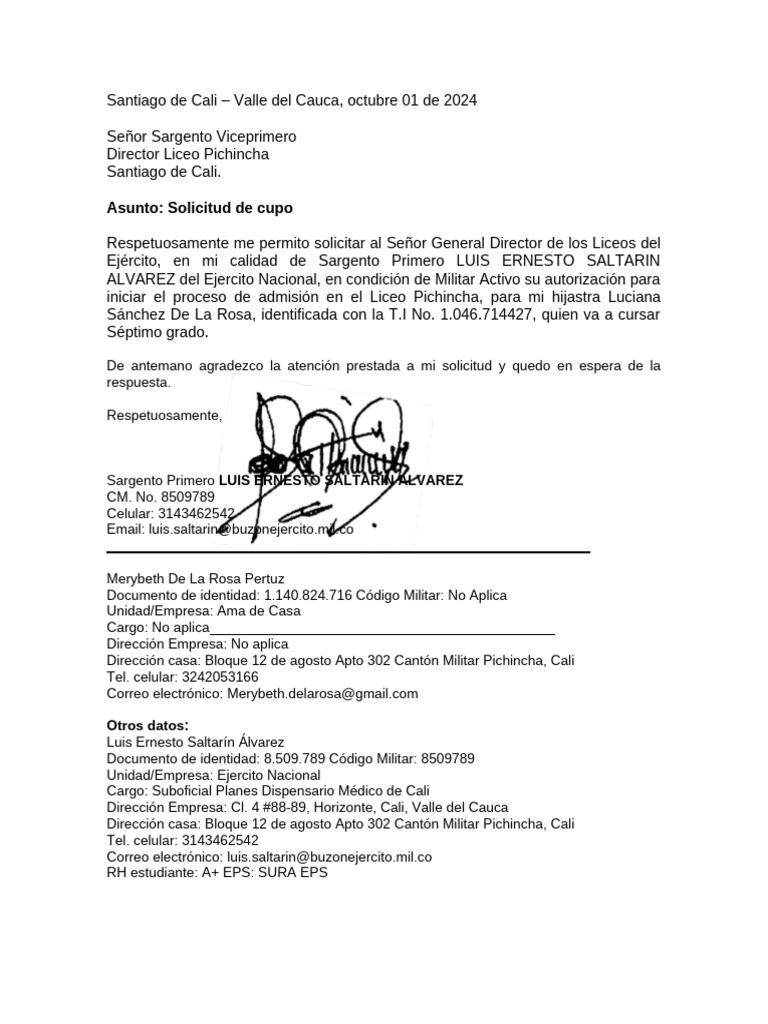 Carta Solicitud Cupo Bogotá - 2024 | PDF | Organización militar