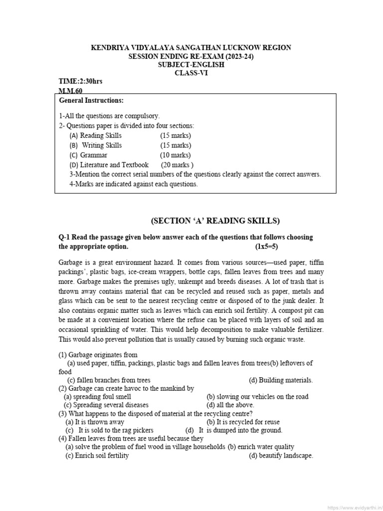 Cbse Class 6 English Previous Year Question Paper 2023 24 Term II Re ...