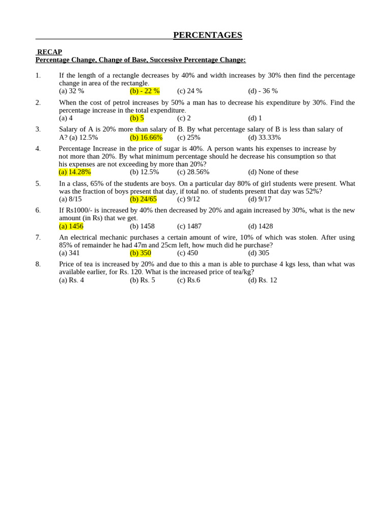 Percentages Handout | PDF | Average Cost | Consumption (Economics)