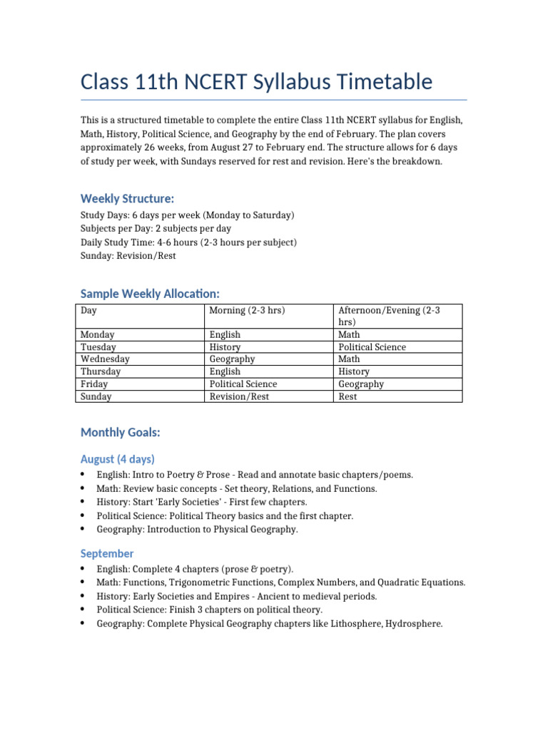 Class 11 NCERT Syllabus Timetable | PDF | Geography | Mathematics