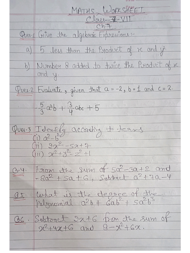 Maths Worksheet Class 7.... Ch.7 | PDF