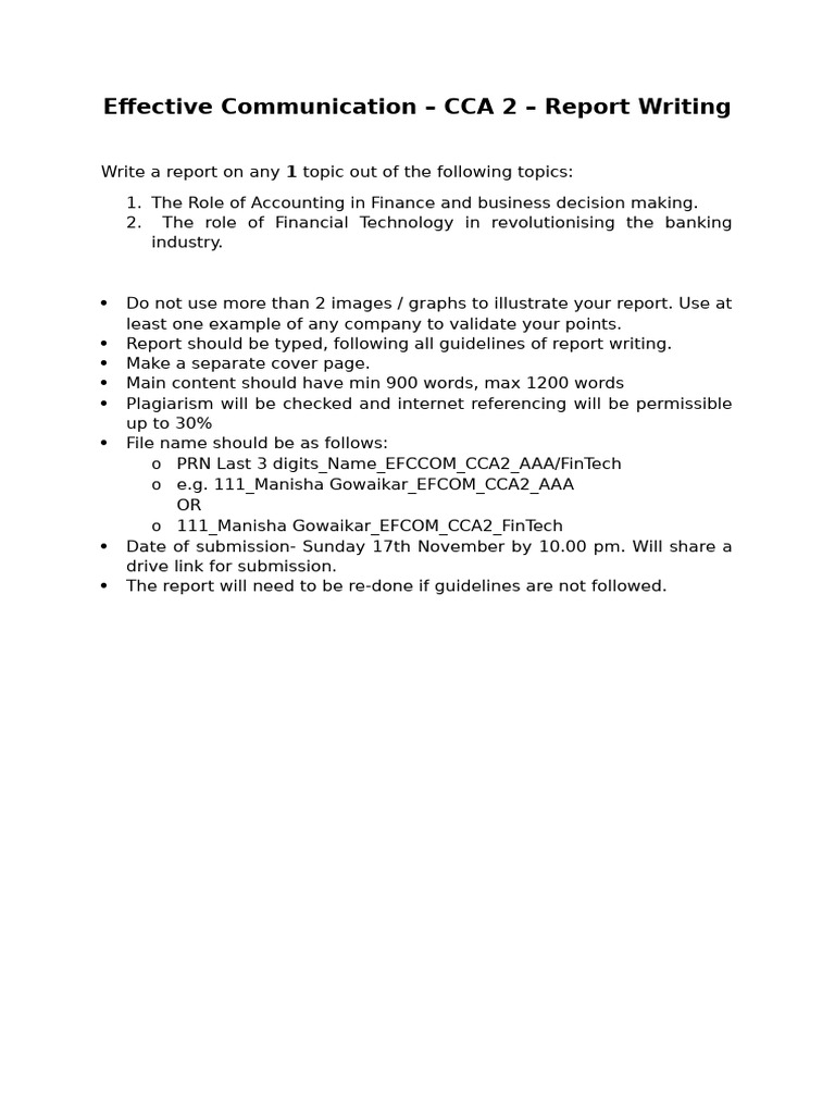 Eff Comm - CCA 2 - Report Writing Topics - AAAFinTech | PDF | Business